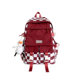 meokim kawaii backpack student schoolbag large-capacity backpack black and white plaid cute girls campus backpack(red)