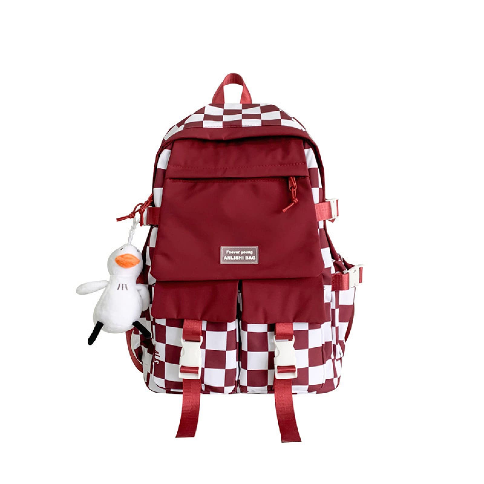 MEOKIM Kawaii backpack student schoolbag large-capacity backpack black and white plaid cute girls campus backpack(Red)