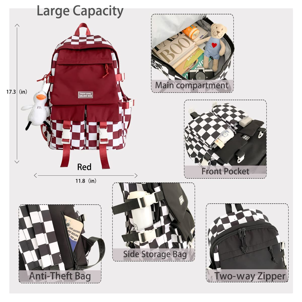 MEOKIM Kawaii backpack student schoolbag large-capacity backpack black and white plaid cute girls campus backpack(Red)