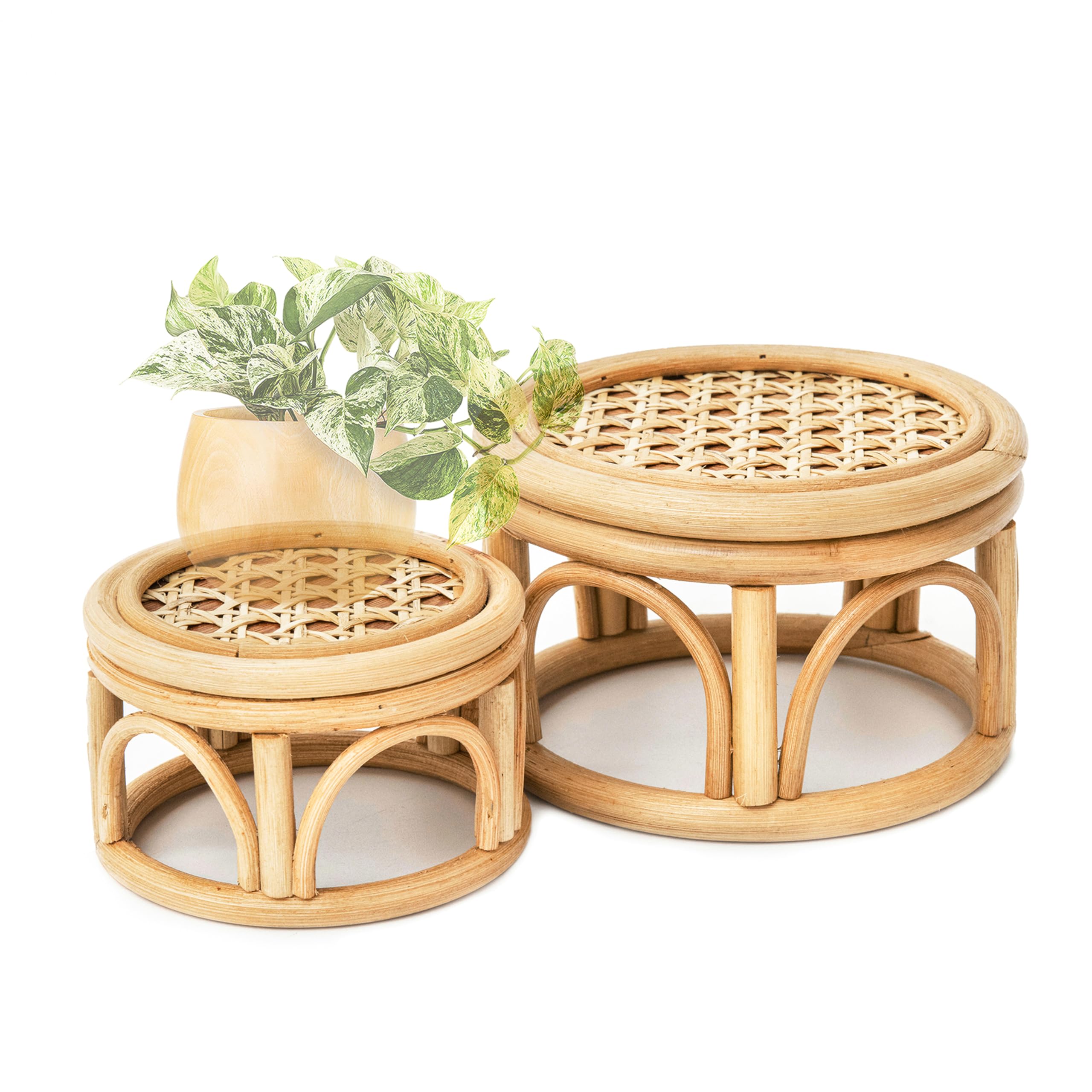 Set of 2 Small Boho Rattan Wicker Round Riser Plant Stand Indoor,Rustic Farmhouse Natural Wooden Circle Pedestal for Decor & Display, Tabletop, Office Decor