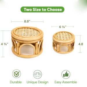 Set of 2 Small Boho Rattan Wicker Round Riser Plant Stand Indoor,Rustic Farmhouse Natural Wooden Circle Pedestal for Decor & Display, Tabletop, Office Decor