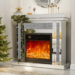 ikifly mirrored electric fireplace tv stand, 7 colors changing mantel freestanding heater corner firebox w/3d realistic flame effect, remote control (47.24" l x 12.59" w x 41.33" h)