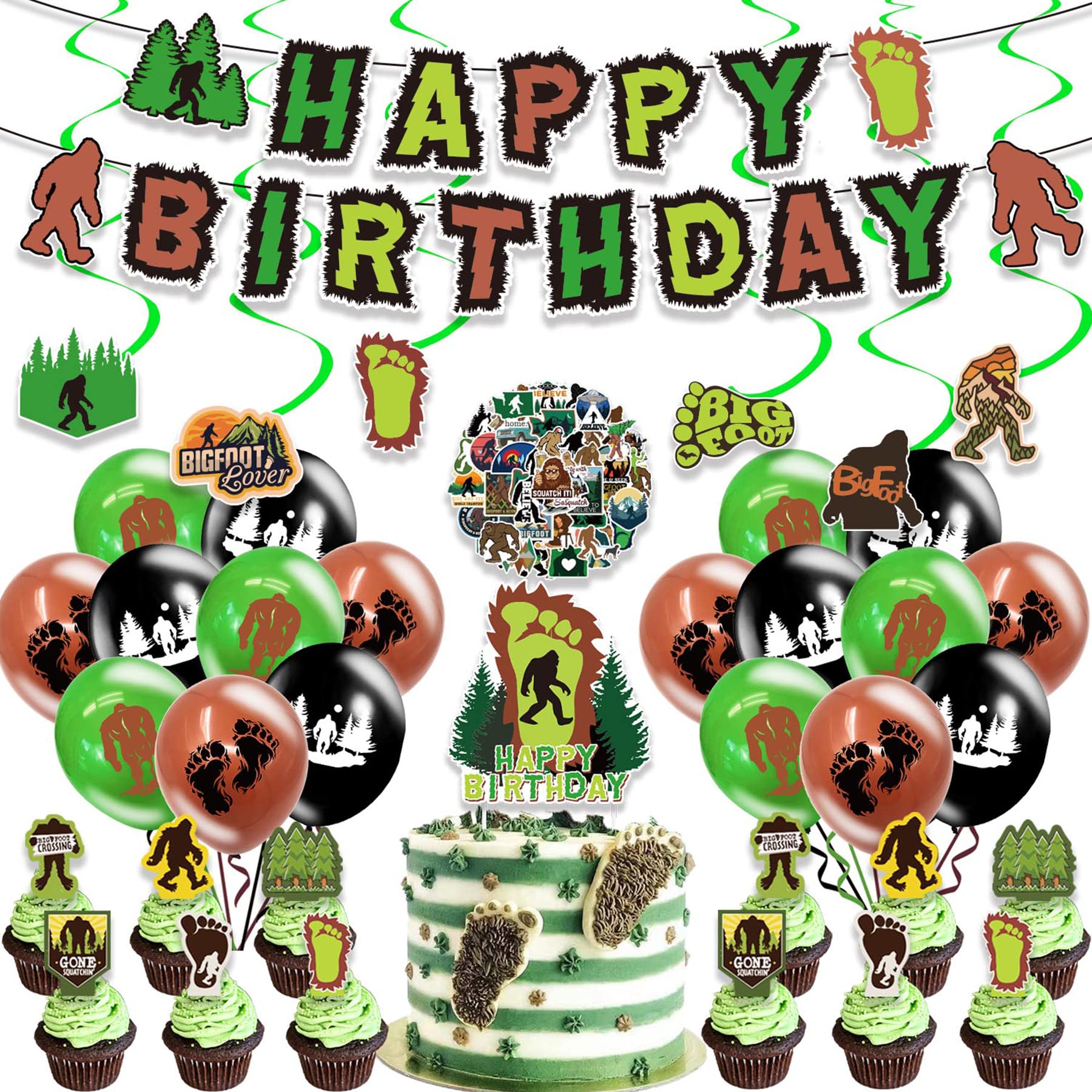 HJHLYYANM Bigfoot Birthday Party Supplies Set Bigfoot Banner Balloons Cake Topper spirals Sticker, Bigfoot Party Decoration Favors for Kids Man Sports Fan Birthday Party