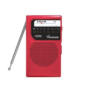 am fm battery operated portable pocket radio - best reception and longest lasting. am fm compact transistor radios player operated by 2 aa battery, mono headphone socket, by vondior (red)