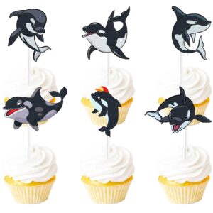 18pcs black glitter dessert cupcake nautical ocean killer whale sea creature theme decor supplies baby shower boys girls happy birthday party decorations