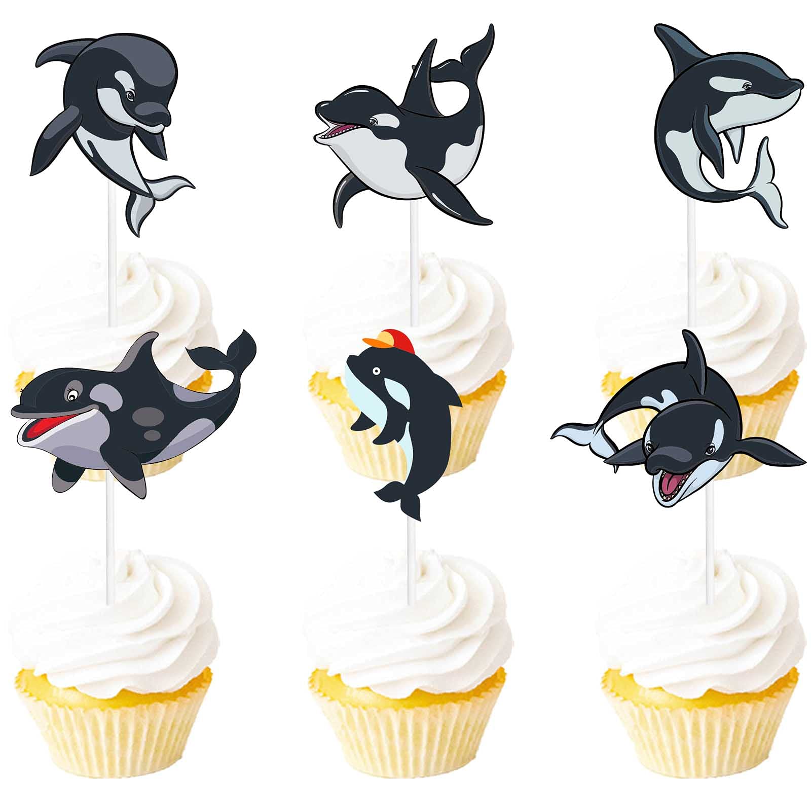 18pcs Black Glitter Dessert Cupcake Nautical Ocean Killer Whale Sea Creature Theme Decor Supplies Baby Shower Boys Girls Happy Birthday Party Decorations