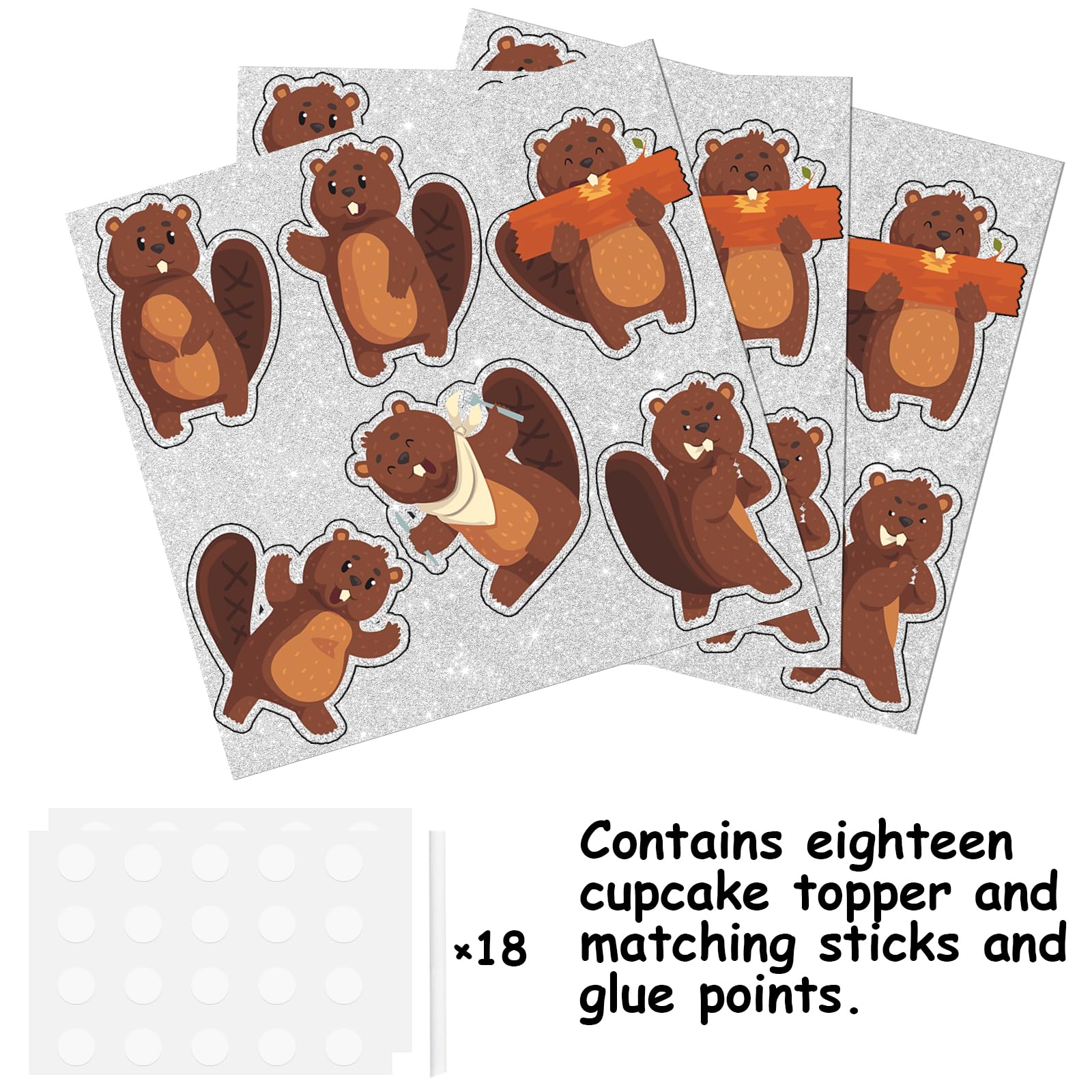 18pcs Brown Glitter Cartoon Beaver Dessert Cupcake Topper Baby Shower Theme Decor Supplies Boys Girls Happy Birthday Party Decorations