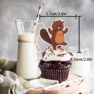 18pcs Brown Glitter Cartoon Beaver Dessert Cupcake Topper Baby Shower Theme Decor Supplies Boys Girls Happy Birthday Party Decorations