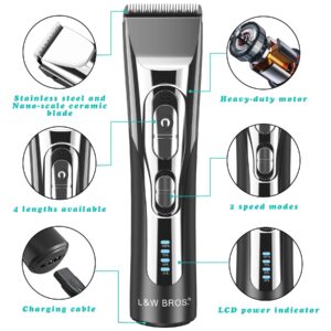 L&W BROS. Dog Clippers for Grooming with Heavy Duty Motor 2 Speeds Low Noise Trimmer Wireless Rechargeable Dog Shaver Professional Pet Grooming Kit for Dogs and Cats Thick Hair