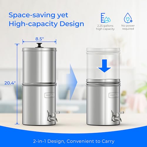 Waterdrop Gravity-fed Water Filter System, with Silver Ions Enhanced Filtration, Reduces up to 99% of Chlorine, with 2 Black Carbon Filters and Metal Spigot, 2.25G