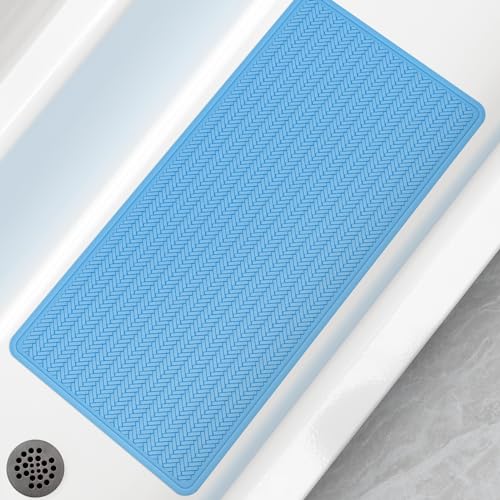 Bligli Non Slip Bathtub Mat, 16.9x36 inches Extra Large Bath Mats with Strong Suction Cups, Soft Rubber Shower Stall Mat for Bathroom, Durable and Machine Washable (Blue)