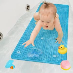 Bligli Non Slip Bathtub Mat, 16.9x36 inches Extra Large Bath Mats with Strong Suction Cups, Soft Rubber Shower Stall Mat for Bathroom, Durable and Machine Washable (Blue)