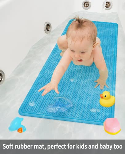 Bligli Non Slip Bathtub Mat, 16.9x36 inches Extra Large Bath Mats with Strong Suction Cups, Soft Rubber Shower Stall Mat for Bathroom, Durable and Machine Washable (Blue)