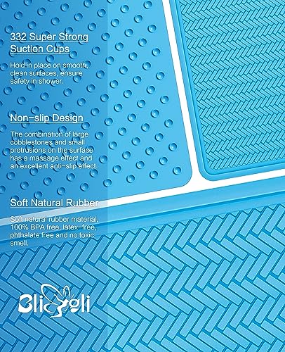 Bligli Non Slip Bathtub Mat, 16.9x36 inches Extra Large Bath Mats with Strong Suction Cups, Soft Rubber Shower Stall Mat for Bathroom, Durable and Machine Washable (Blue)