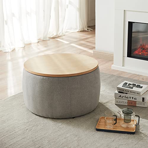 Round Storage Ottoman Accent Storage Footrest Stool Wood Tray Top Coffee Table for Living Room, Bedroom, Dark Gray