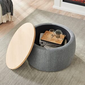 round storage ottoman accent storage footrest stool wood tray top coffee table for living room, bedroom, dark gray