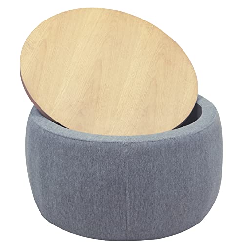 Round Storage Ottoman Accent Storage Footrest Stool Wood Tray Top Coffee Table for Living Room, Bedroom, Dark Gray