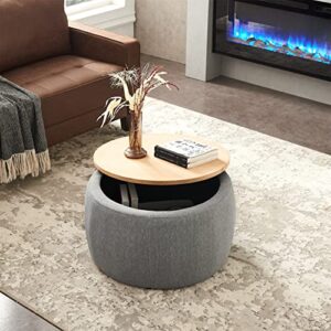 Round Storage Ottoman Accent Storage Footrest Stool Wood Tray Top Coffee Table for Living Room, Bedroom, Dark Gray