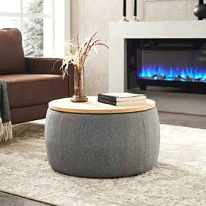 Round Storage Ottoman Accent Storage Footrest Stool Wood Tray Top Coffee Table for Living Room, Bedroom, Dark Gray