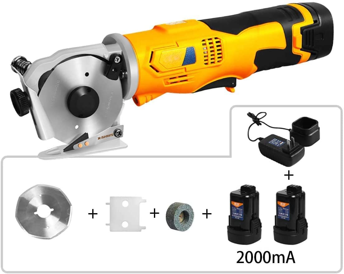 MXBAOHENG Electric Fabric Scissors Cordless Round Knife Cutting Machine Portable Rotary Cutter for Fabric Leather Carpet (2 Batteries)