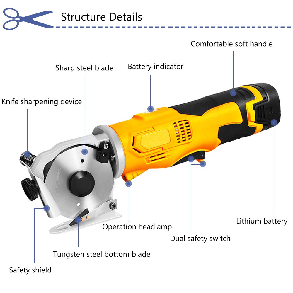 MXBAOHENG Electric Fabric Scissors Cordless Round Knife Cutting Machine Portable Rotary Cutter for Fabric Leather Carpet (2 Batteries)