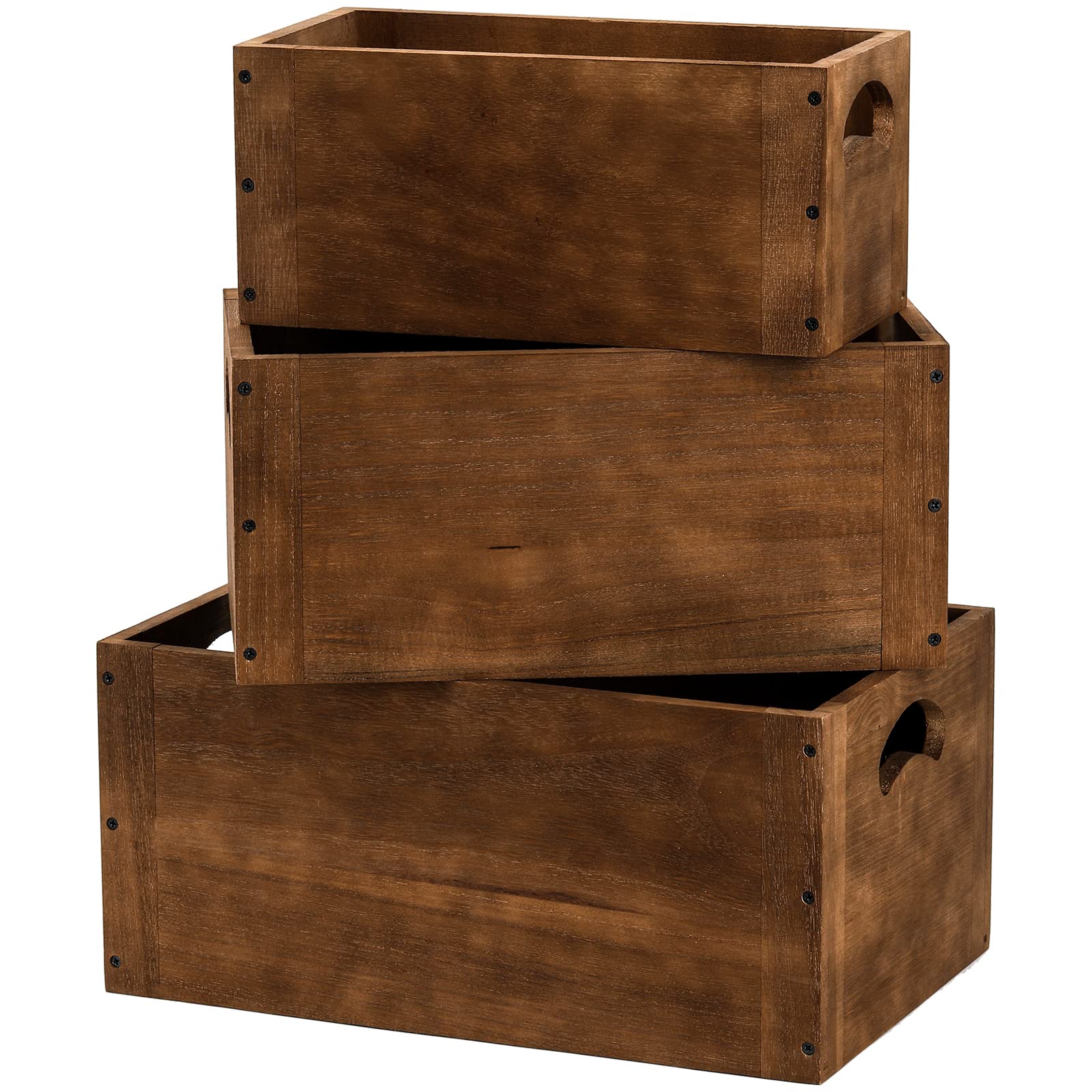 Hedume Set of 3 Nesting Wooden Crates, Wood Crate Box with Handle, Rustic Brown Decorative Wood Storage Crates Container, Stackable Cube Basket Bins Organizer for Home, Office, Closet, Shelf