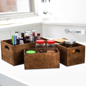 Hedume Set of 3 Nesting Wooden Crates, Wood Crate Box with Handle, Rustic Brown Decorative Wood Storage Crates Container, Stackable Cube Basket Bins Organizer for Home, Office, Closet, Shelf