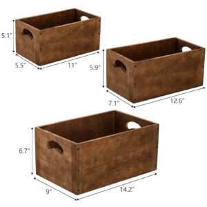 Hedume Set of 3 Nesting Wooden Crates, Wood Crate Box with Handle, Rustic Brown Decorative Wood Storage Crates Container, Stackable Cube Basket Bins Organizer for Home, Office, Closet, Shelf