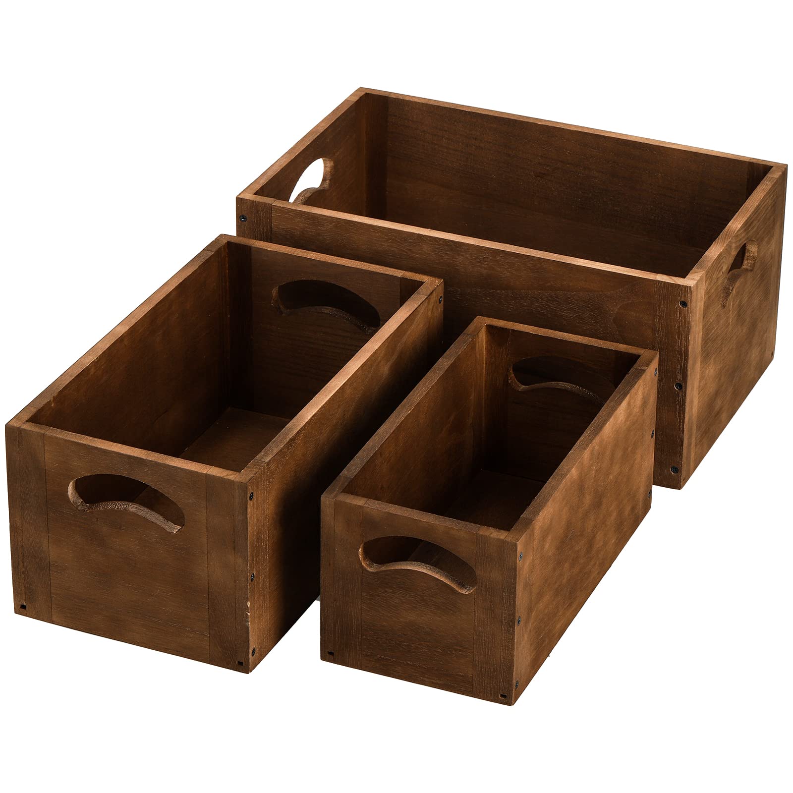 Hedume Set of 3 Nesting Wooden Crates, Wood Crate Box with Handle, Rustic Brown Decorative Wood Storage Crates Container, Stackable Cube Basket Bins Organizer for Home, Office, Closet, Shelf