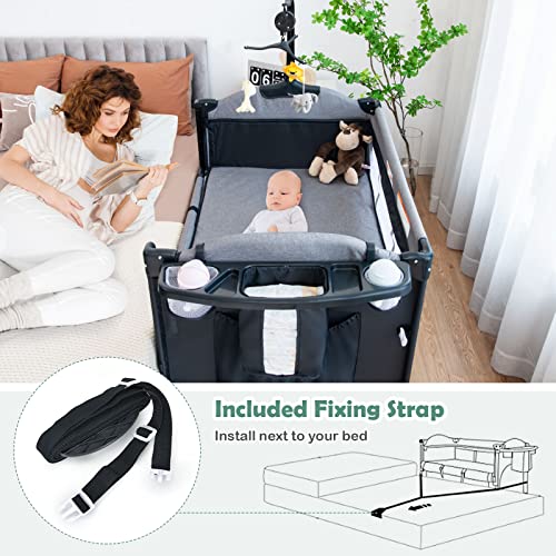 BABY JOY 5-in-1 Pack and Play, Baby Bedside Sleeper with Bassinet, Multifunction Bedside Crib from Newborn to Toddlers, U-Shaped Diaper Changer, Playard, Safety Strap, Music Box & Hanging Toys