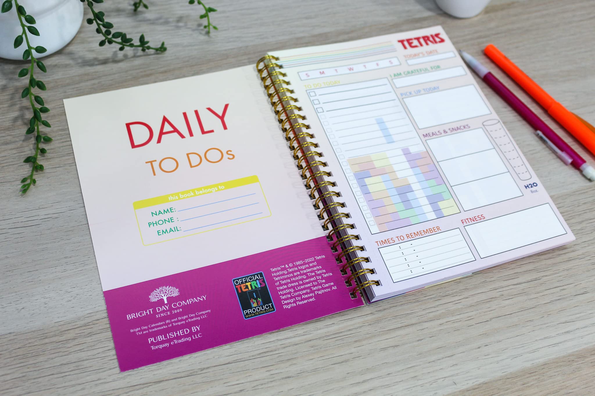 Tetris To Do List Daily Task Checklist Planner Time Management Notebook by Bright Day Non Dated Flex Cover Spiral Organizer 8.25 x 6.25