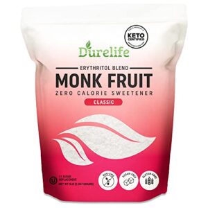 durelife monk fruit sweetener, classic - white sugar substitute, keto diet friendly, 1:1 sugar replacement, zero calorie, white sugar substitute - 5 lb (packaging may vary)