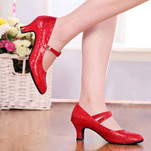 Mid-High Heels Glitter Dance Shoes Women Ballroom Latin Tango Rumba Dance Shoes High Heels Shoes (Red, 7)