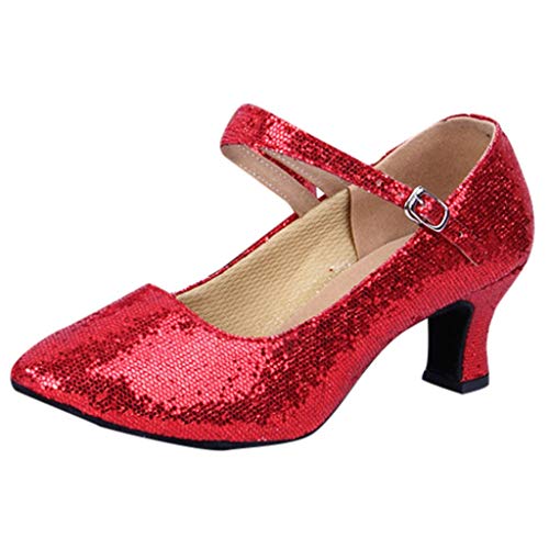 Mid-High Heels Glitter Dance Shoes Women Ballroom Latin Tango Rumba Dance Shoes High Heels Shoes (Red, 7)