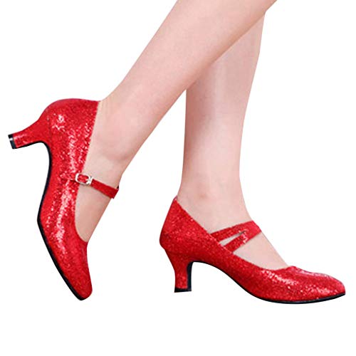 Mid-High Heels Glitter Dance Shoes Women Ballroom Latin Tango Rumba Dance Shoes High Heels Shoes (Red, 7)