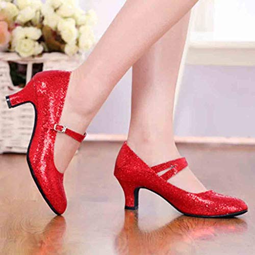 Mid-High Heels Glitter Dance Shoes Women Ballroom Latin Tango Rumba Dance Shoes High Heels Shoes (Red, 7)