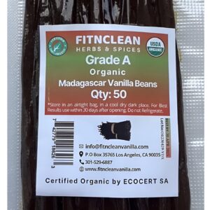 50 Organic Grade A Madagascar Vanilla Beans. Certified USDA Organic for Extract and all things Vanilla by FITNCLEAN VANILLA. ~5" Bulk Fresh Bourbon NON-GMO Pods.