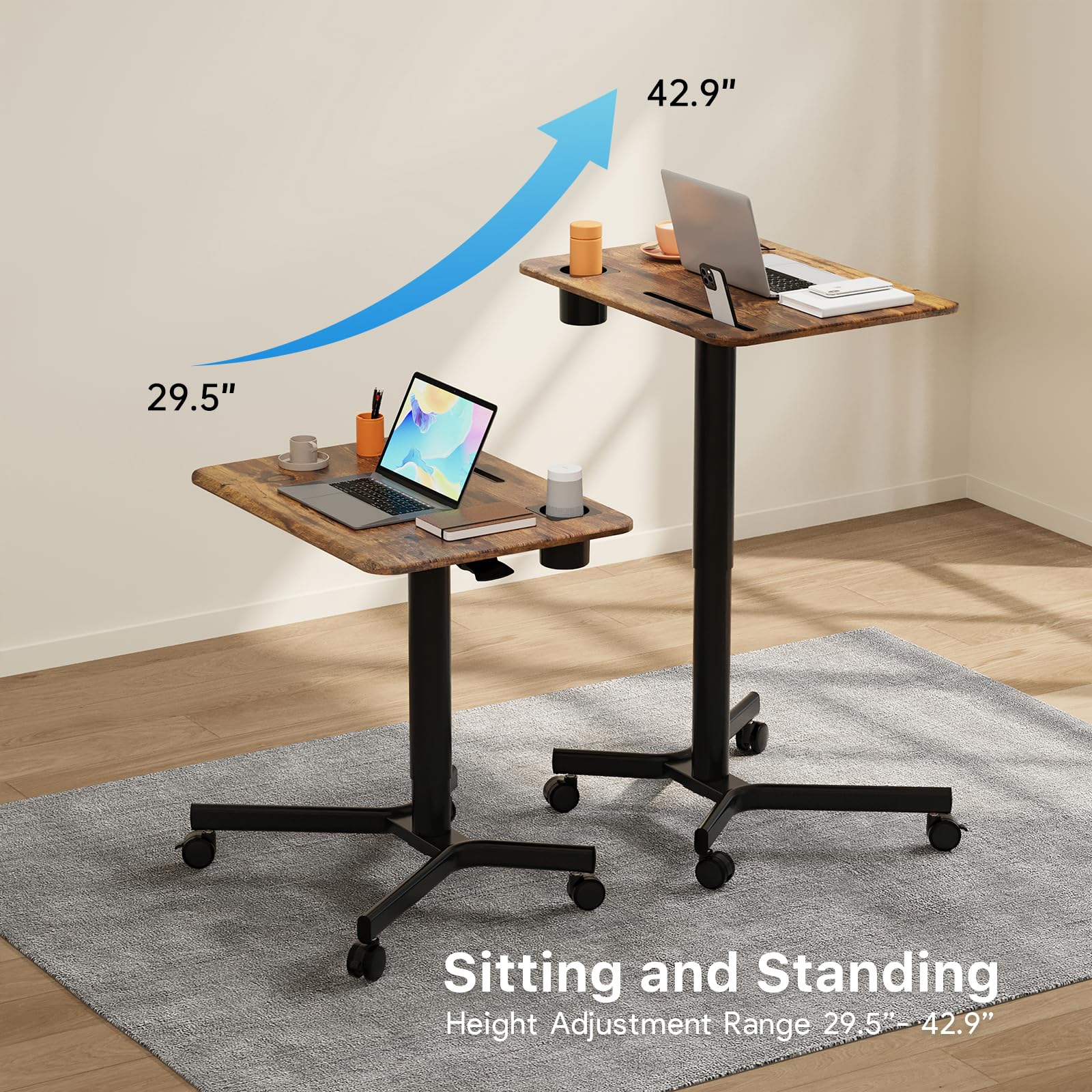 JYLH JOYSEEKER Mobile Standing Desk, Rolling Standing Desk with Cup Holder, Mobile Sit Stand Desk with Wheels, Adjustable Height Mobile Laptop Desk for Home Office, 28in, Rustic Brown