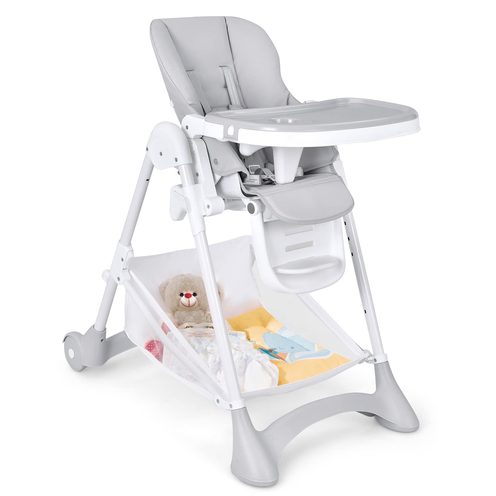 HONEY JOY Baby High Chair, Foldable Highchair for Babies and Toddlers, Detachable Trays & PU Leather Seat Cushion, 4 Wheels with Locks (Gray)