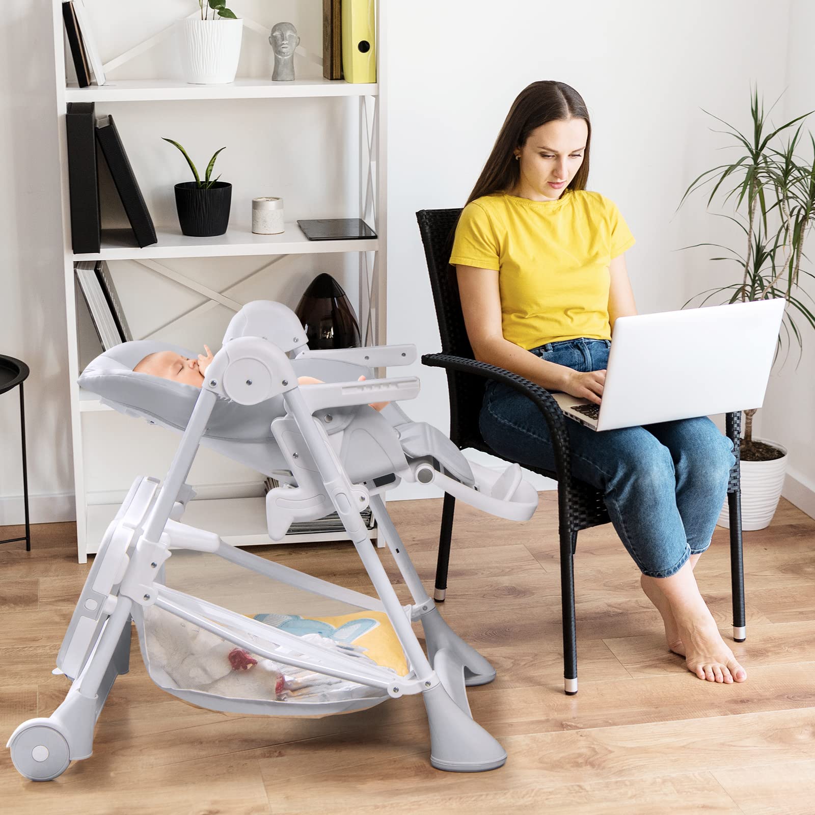 HONEY JOY Baby High Chair, Foldable Highchair for Babies and Toddlers, Detachable Trays & PU Leather Seat Cushion, 4 Wheels with Locks (Gray)