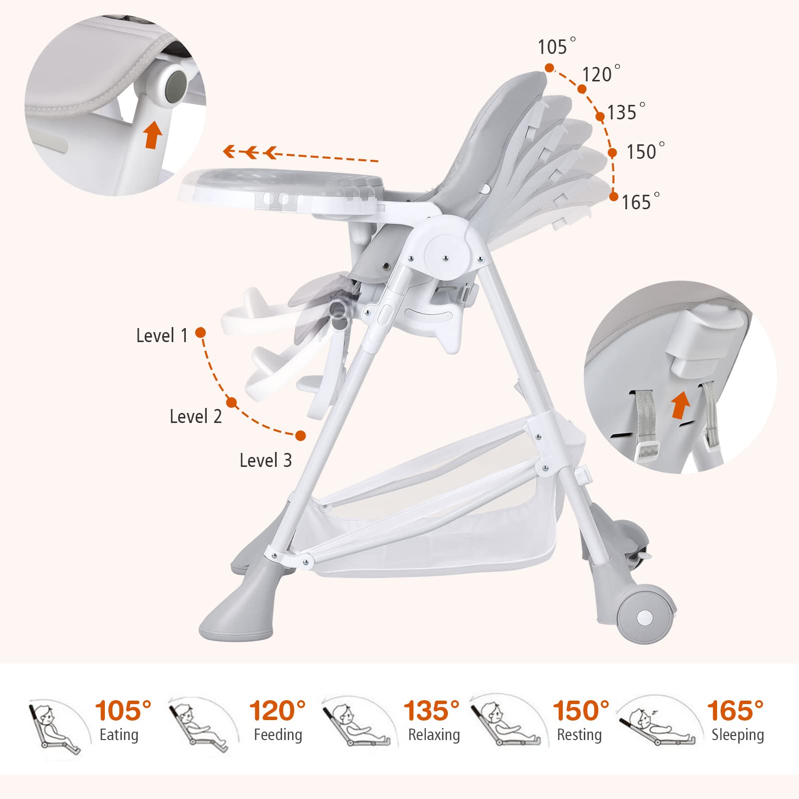 HONEY JOY Baby High Chair, Foldable Highchair for Babies and Toddlers, Detachable Trays & PU Leather Seat Cushion, 4 Wheels with Locks (Gray)