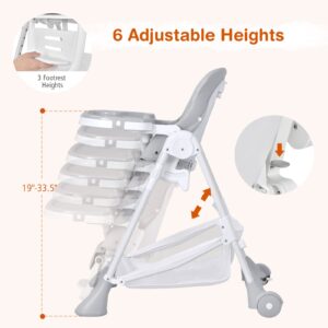 HONEY JOY Baby High Chair, Foldable Highchair for Babies and Toddlers, Detachable Trays & PU Leather Seat Cushion, 4 Wheels with Locks (Gray)