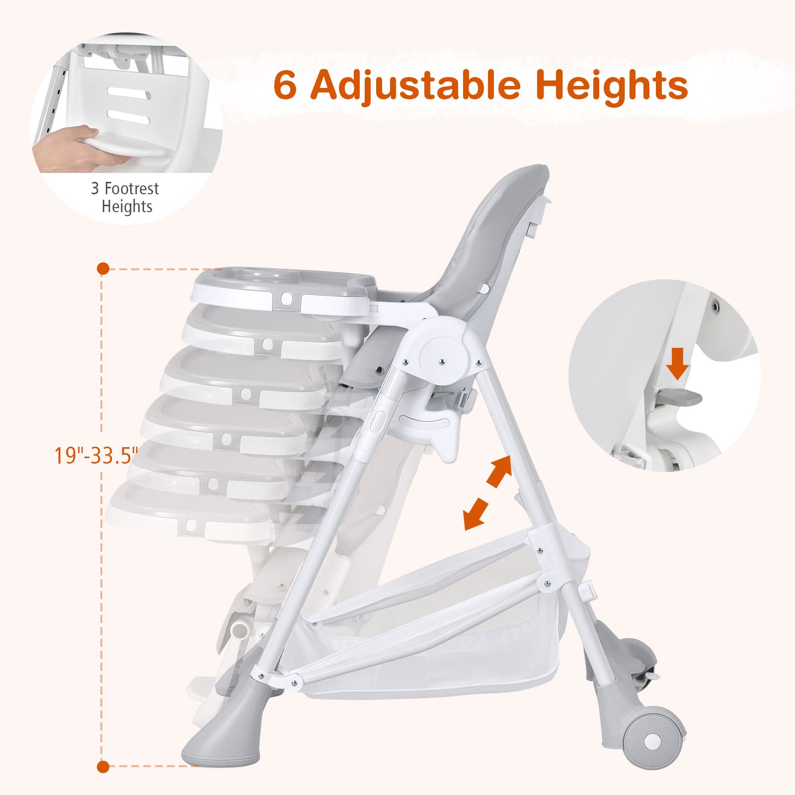 HONEY JOY Baby High Chair, Foldable Highchair for Babies and Toddlers, Detachable Trays & PU Leather Seat Cushion, 4 Wheels with Locks (Gray)