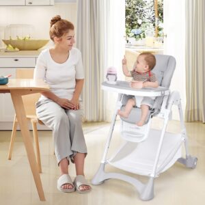 HONEY JOY Baby High Chair, Foldable Highchair for Babies and Toddlers, Detachable Trays & PU Leather Seat Cushion, 4 Wheels with Locks (Gray)