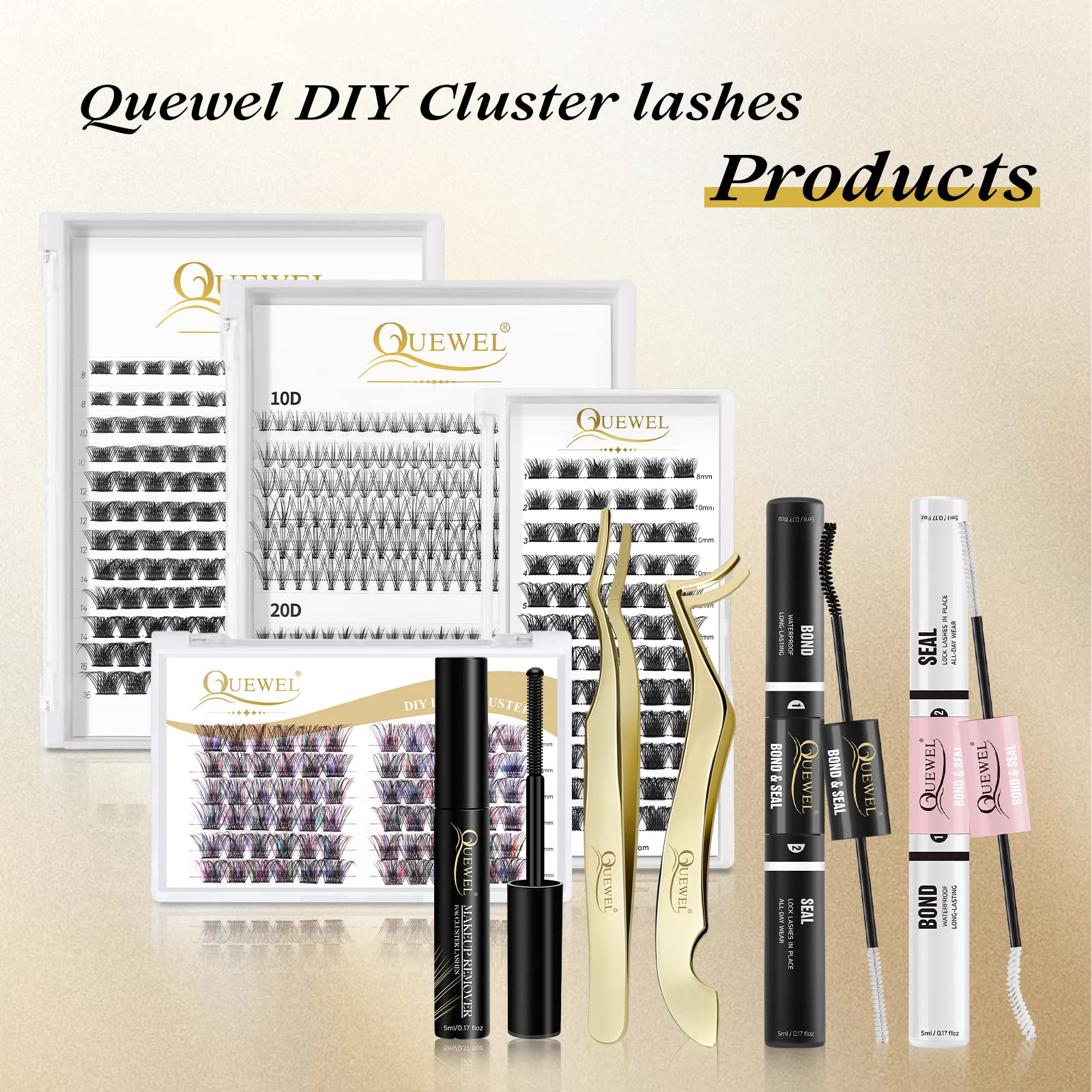 QUEWEL Lash Clusters Glue 10ml Cluster Lashes Glue Black DIY Lash Extensions Glue for Individual Lashes Long-Lasting Eyelash Glue No Irritation, Large Capacity No Shaking(Black-10ml)