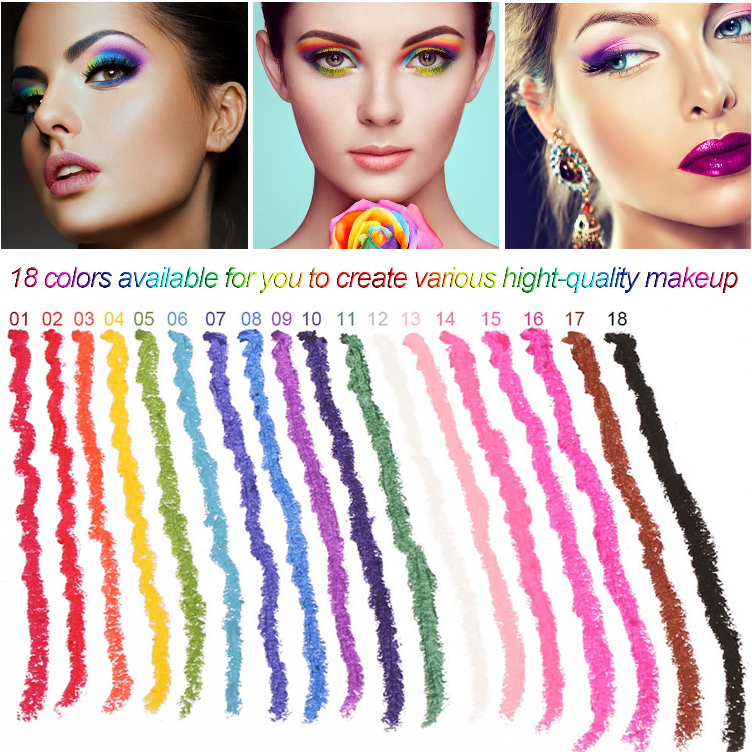 18 Colorful Eyeliner Pen Set, Eye Shadow Pencil, Pearl Eyeliner Kit Metallic Glitter Colored Eyeliner for Women Eye&Lip Liner Professional Waterproof Retractable Eye Makeup