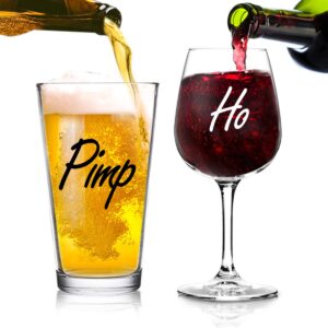 DU VINO Pimp & Ho- Beer and Wine Glass Gift Set of 2 | Fun Novelty His and Hers or Husband Wife Drinkware | Couple, Newlywed | Wedding or Favorite Couples Gag Gift | USA Made