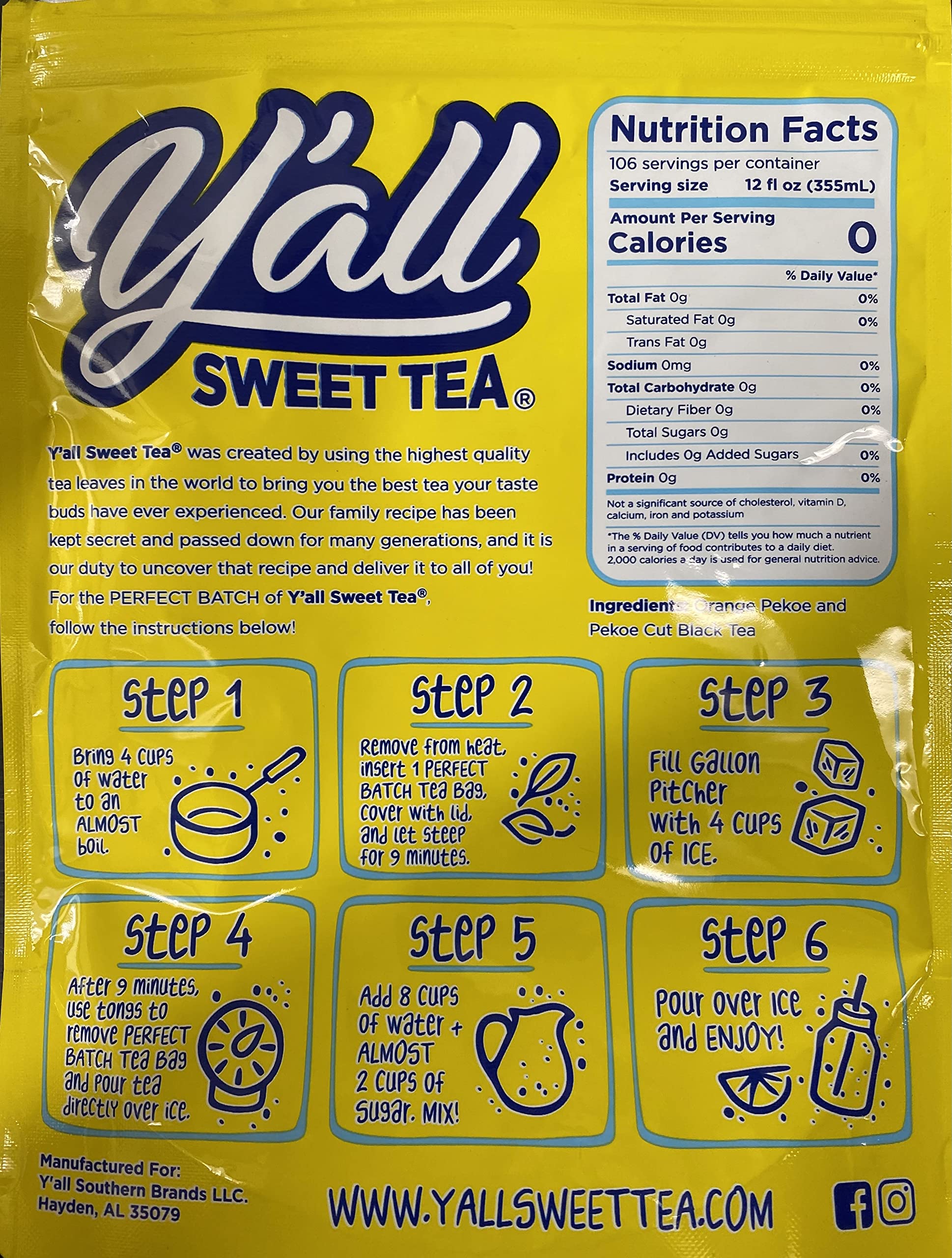 Y'all Sweet Tea - Pack of 10 Perfect Batch Tea Bags - One Gallon Size (Caffeinated)