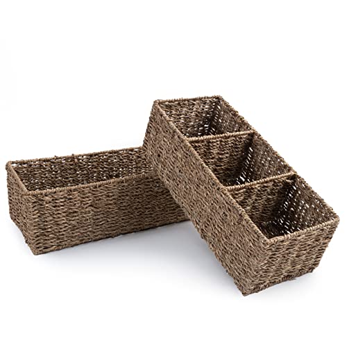 Wicker Storage Basket - Rectangular Basket - Long Storage Wicker Baskets for Organizing - Rectangular Wicker Basket for Shelves- Toilet Basket Tank Top (Seagrass)