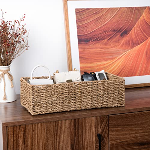 Wicker Storage Basket - Rectangular Basket - Long Storage Wicker Baskets for Organizing - Rectangular Wicker Basket for Shelves- Toilet Basket Tank Top (Seagrass)